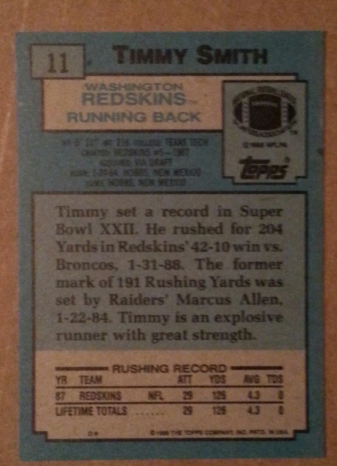 1988 Topps football #11 Timmy Smith, Washington Redskins RC | eBay