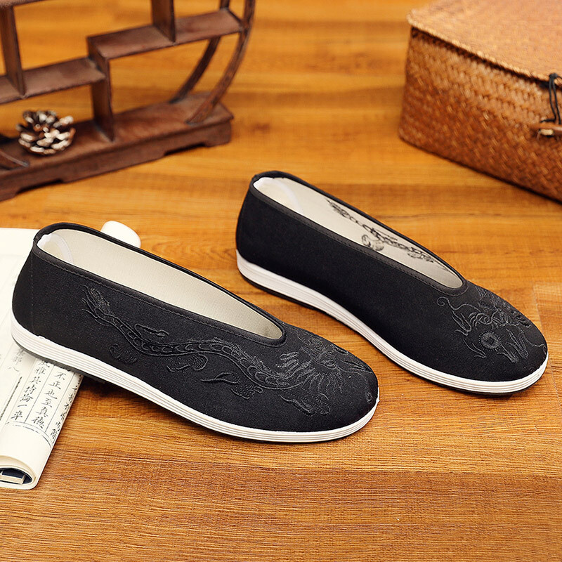 Mens Chinese Shoes Slip On Loafers Dragon Embroidery Tai Chi Martial ...