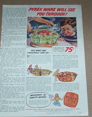 1943 print ad -Pyrex Ware ovenware flameware glassware Corning Glass ...