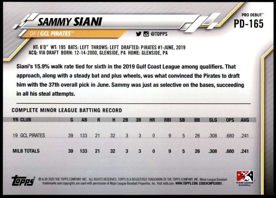 Sammy Siani 2020 Topps Pro Debut 5x7 Gold #PD-165 /10 | eBay