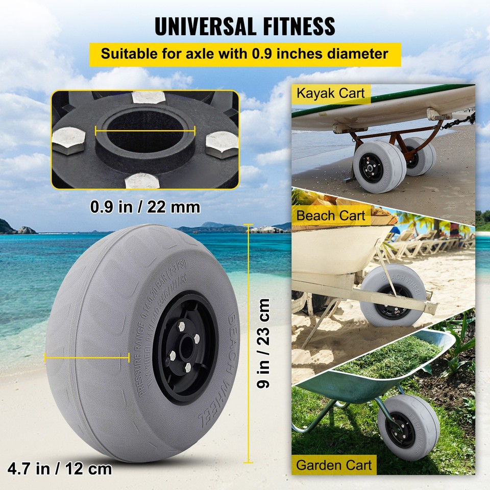 2PACK 9" Balloon Wheels Beach Pneumatic PU Tire For Kayak Cart Beach ...