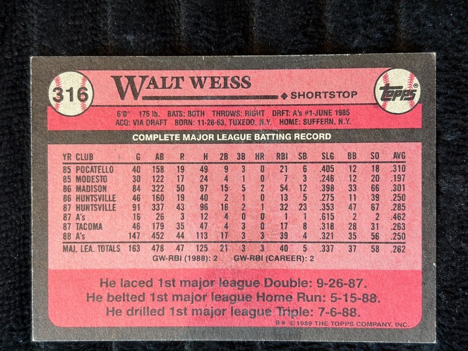1989 Topps Walt Weiss Athletics Rookie Baseball Card #316 Vintage MLB ...