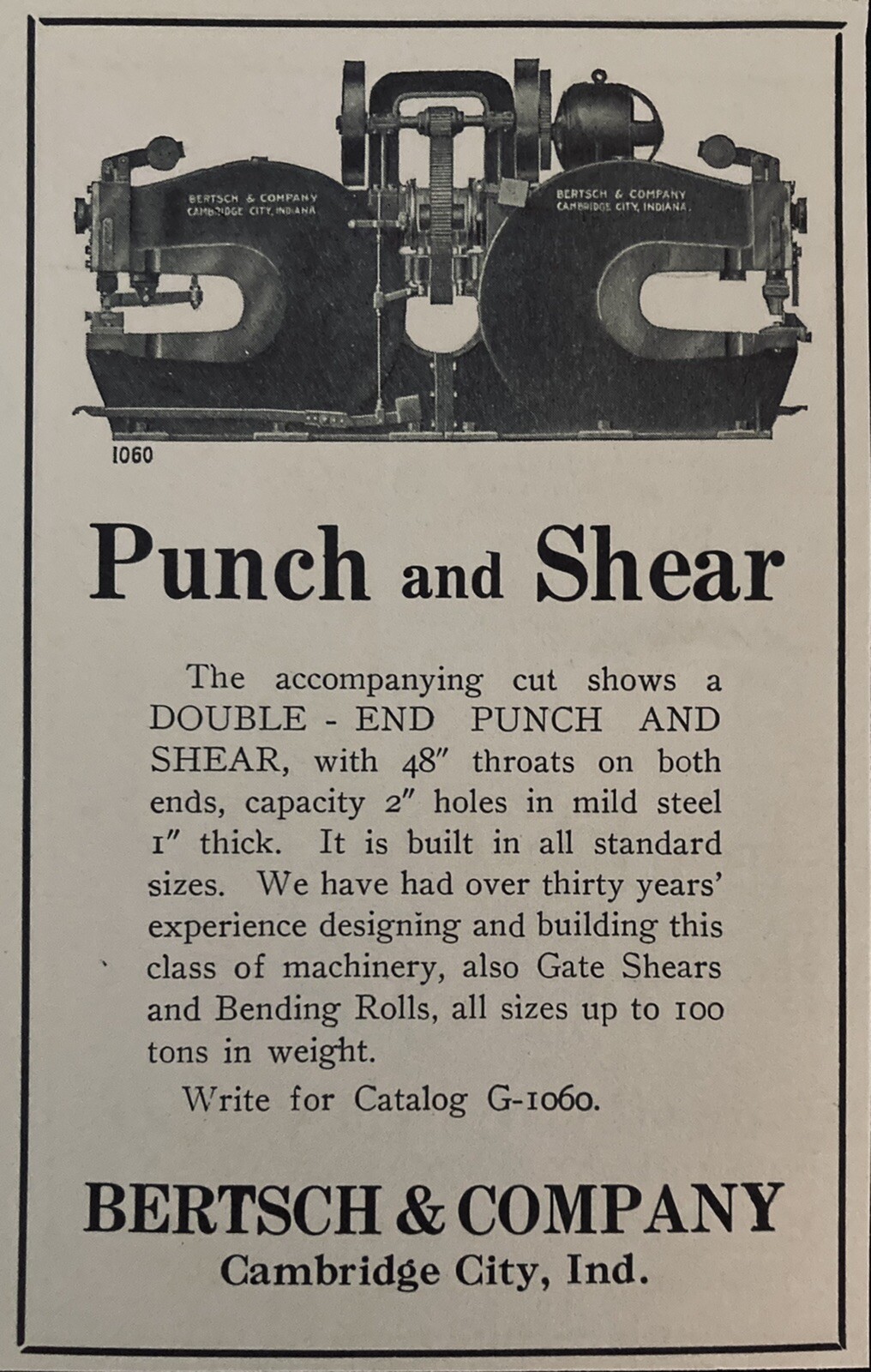 1915 AD.(N5)~BERTSCH CO. CAMBRIDGE CITY, IND. DOUBLE-END PUNCH AND ...