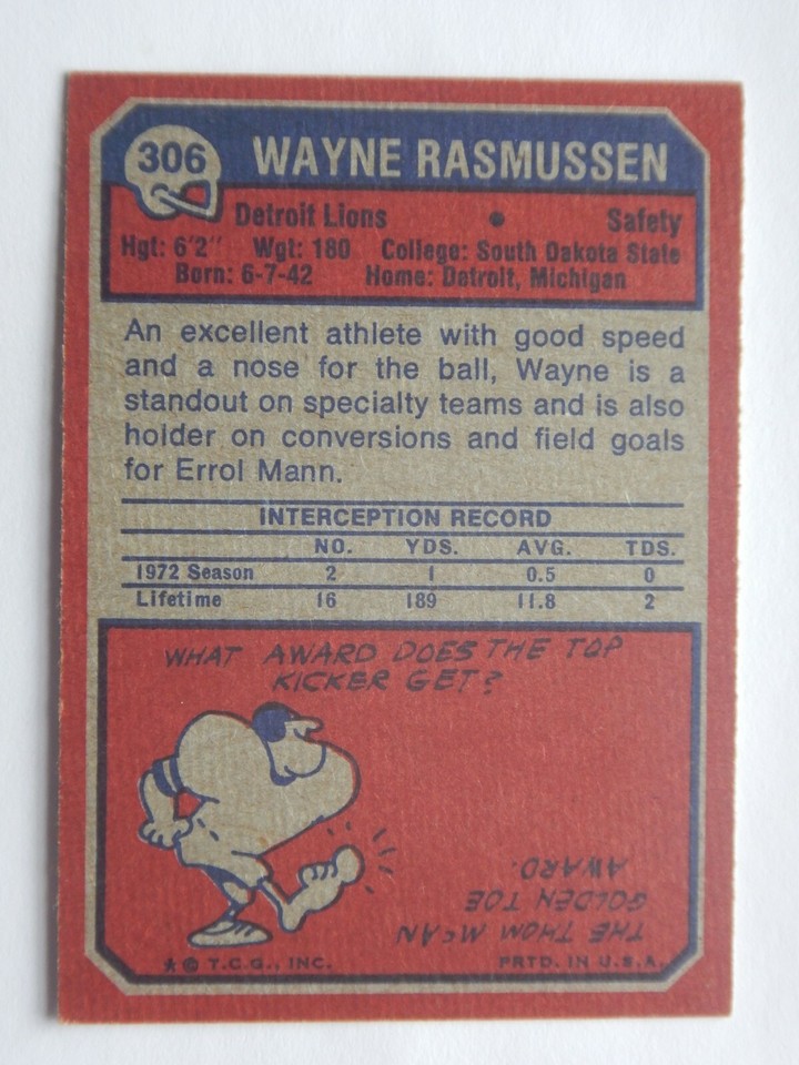 Wayne Rasmussen #306 Topps 1973 Football Card (Detroit Lions) VG | eBay