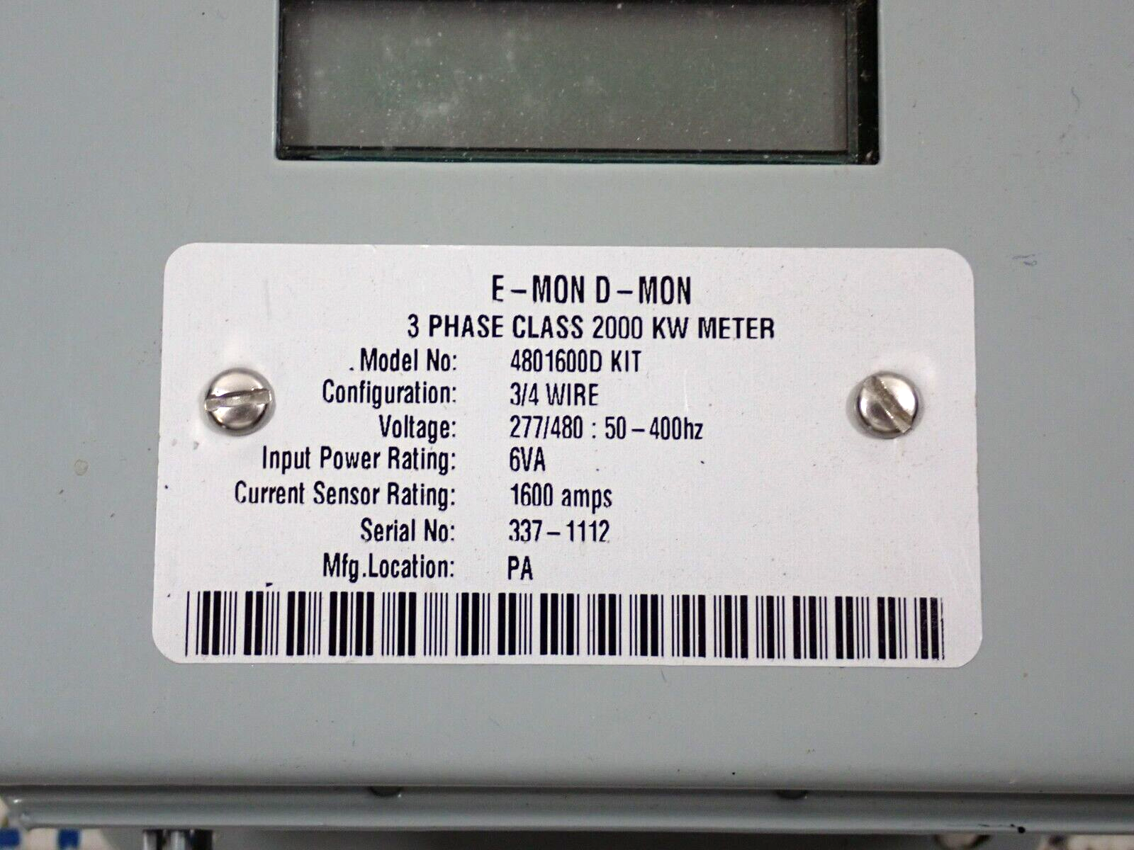 E-MON D-MON 4801600D Kit 1600A 3Phase Class 2000 KW Meter No Current ...