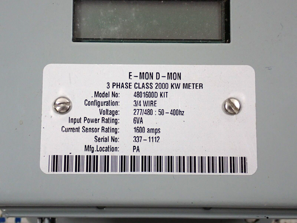 E-MON D-MON 4801600D Kit 1600A 3Phase Class 2000 KW Meter No Current ...
