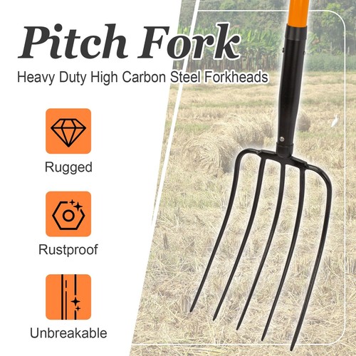 5 Tine Pitchfork for Gardening, Heavy Duty Pitchfork with Fiberglass ...