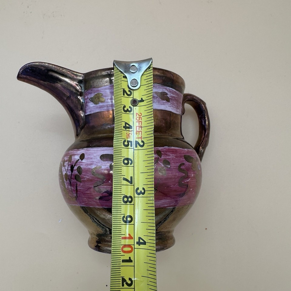 Pink Gold Lusterware Hand-Painted Ceramic Pitcher 4” Glossy Art Pottery ...