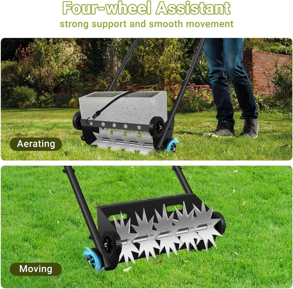 Push Spike Lawn Yard Aerator Tool 18in w/ 4 Wheels Heavy Duty Rolling ...