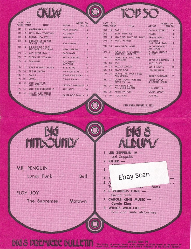 CKLW Detroit MI Top 40 Radio Music Survey 1-3-72 Frank Brodie | eBay