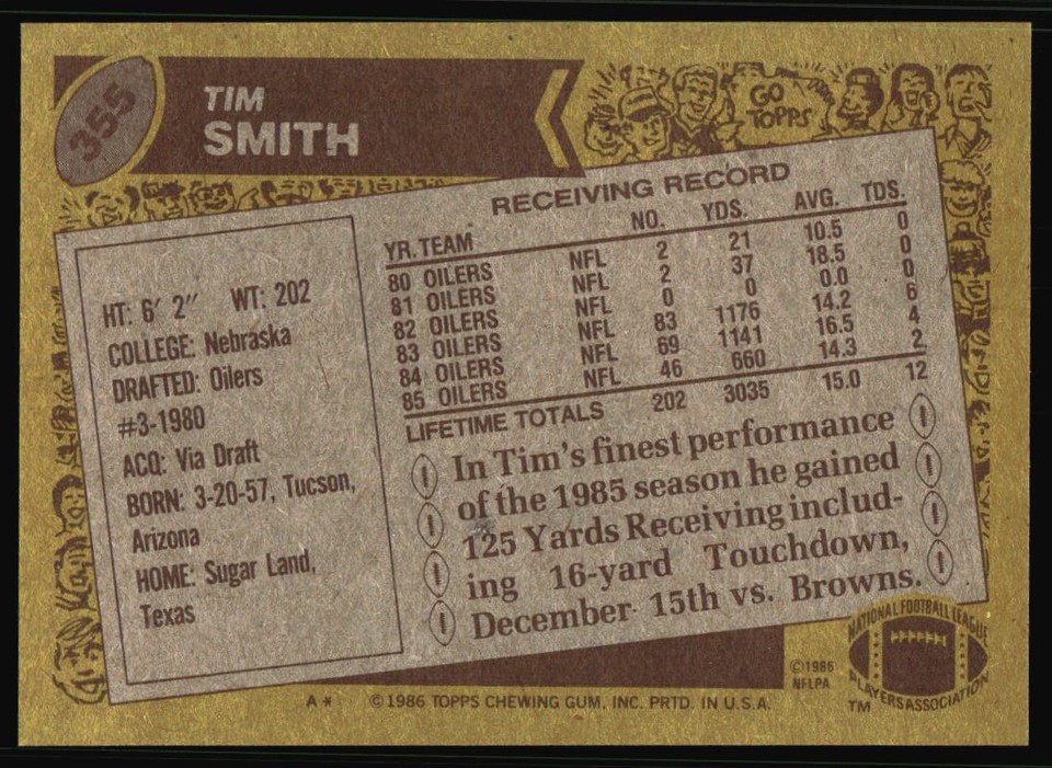 1986 Topps Tim Smith #355 Houston Oilers | eBay