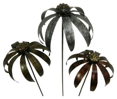 Metal Daisy Flower Garden Ornament Set of 3 Echinacea on 100cm stick ...