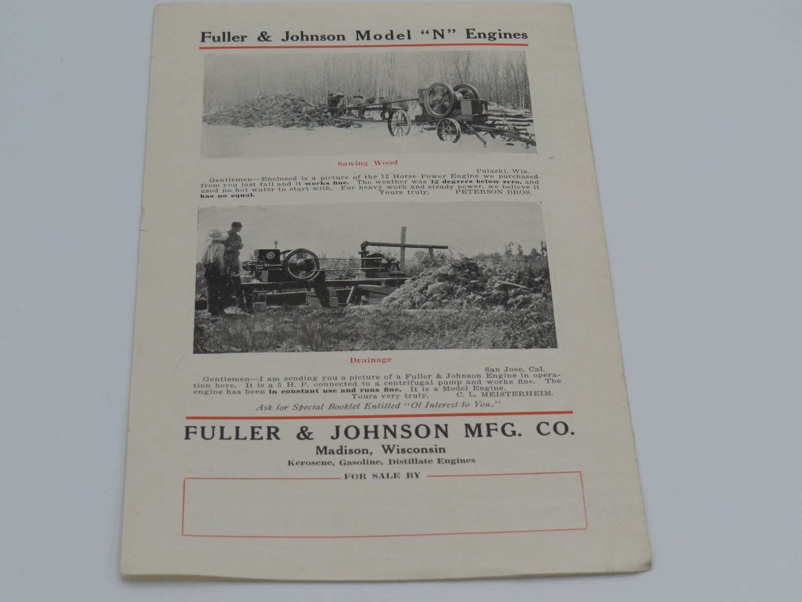 Vintage Fuller & Johnson Model N Gasoline Engines brochure Catalog Hit ...