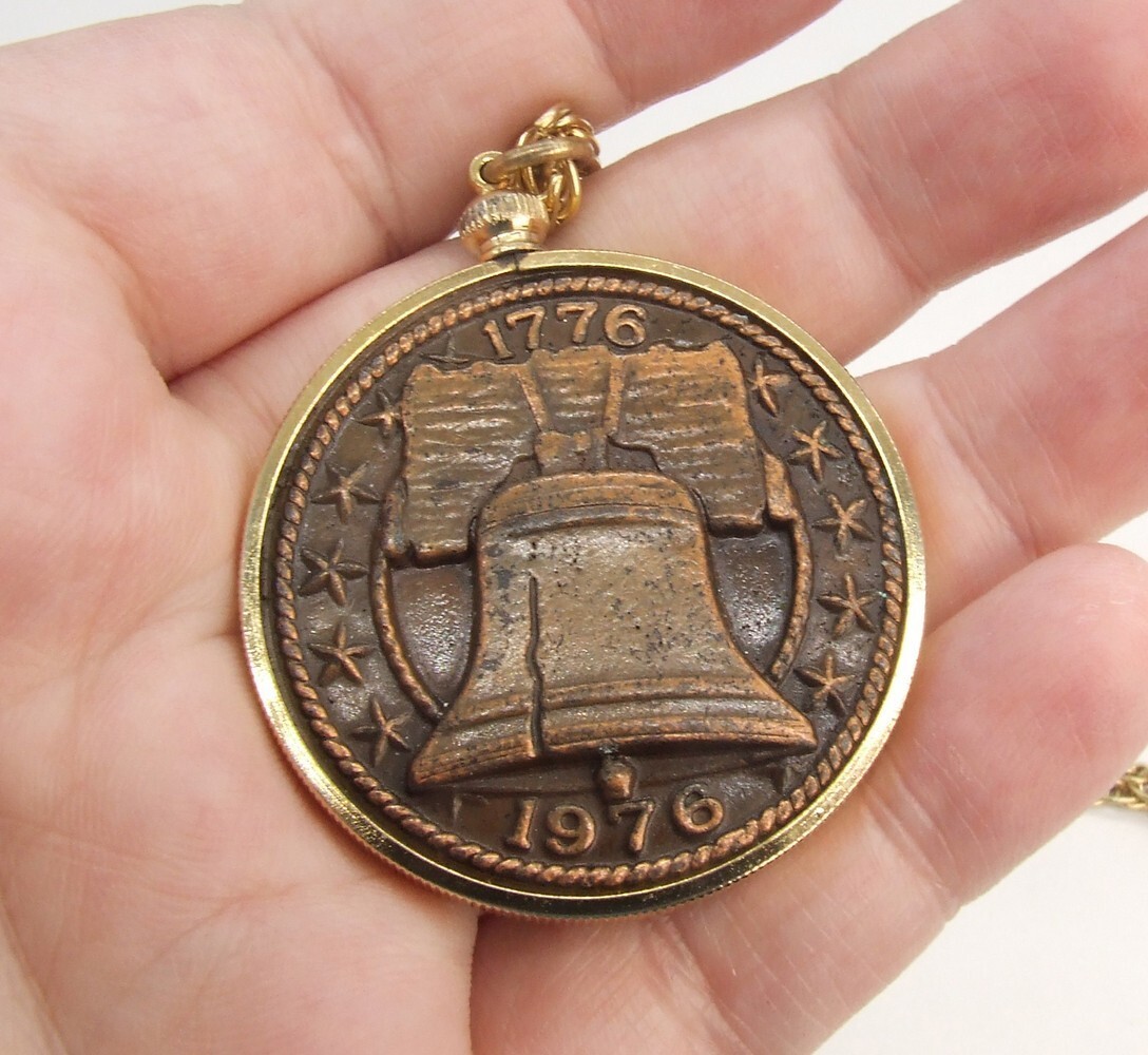 Gold-T & Bronze American Bicentennial Liberty Bell Coin Medallion Chain ...