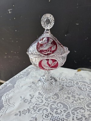 Vtg Hofbauer Byrdes German Red Crystal Lidded Candy Dish/Compote Red ...