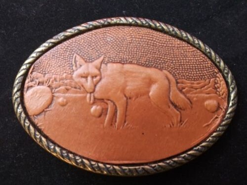 Vintage Collectible Belt Buckle, Tan Leather Engraved with Fox Image | eBay