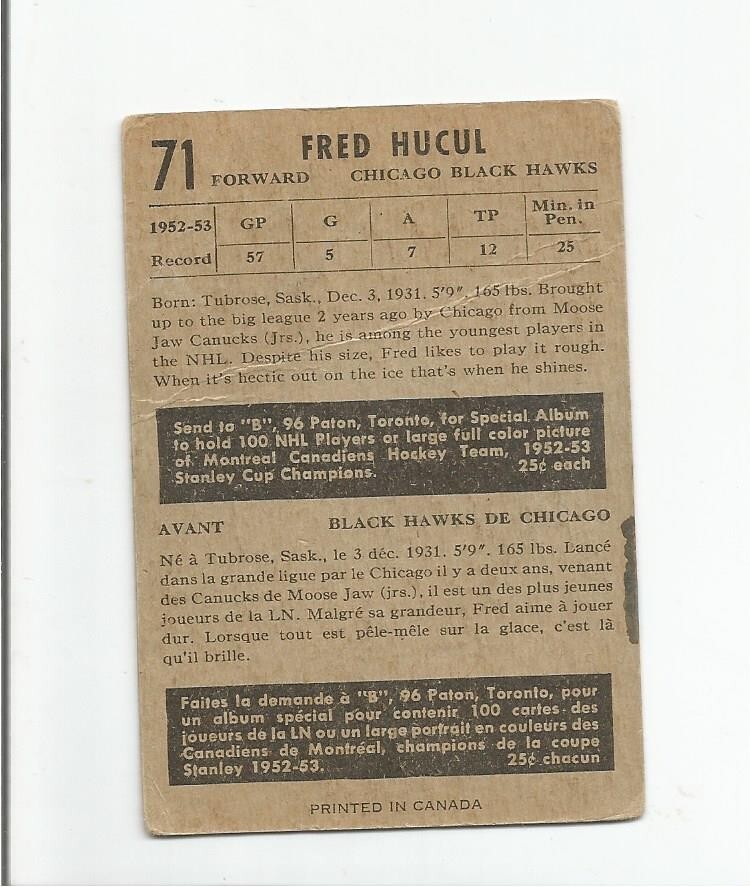1953-54 FRED HUGUL PARKHURST HOCKEY CARD #71 | eBay