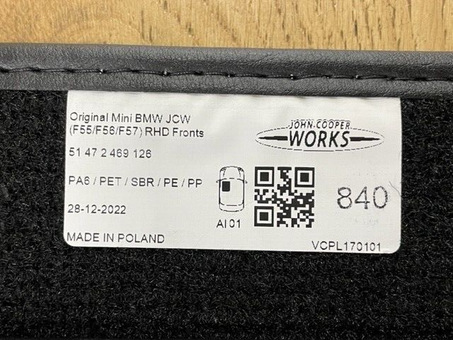 GENUINE F56 MINI JCW PRO FRONT RHD CARPET MAT SET P/N 51472469126 | eBay UK