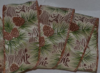 Wired Ribbon~Christmas Pinecone~Safari Tiger Stripe~Ivory~Holiday~2.5 ...