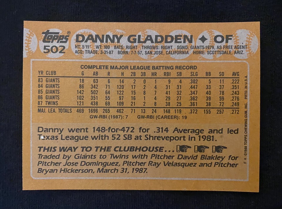 1988 Topps - #502 Danny Gladden | eBay