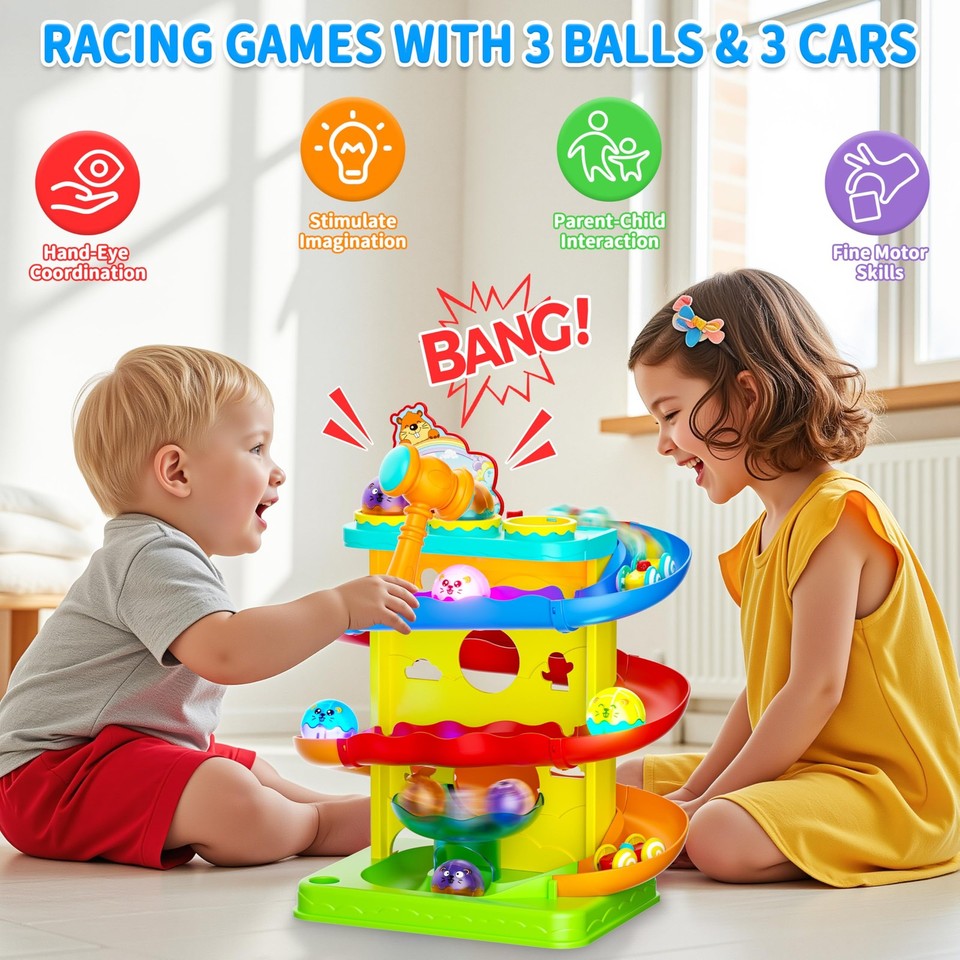 2-in-1 Rolling Ball & Racing Car Ramp Toy for Toddlers, Race Track ...
