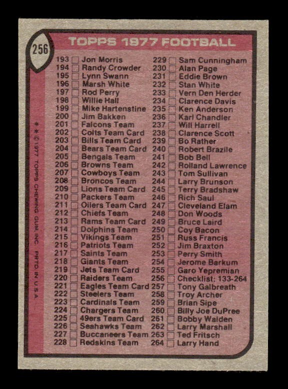 1977 TOPPS FOOTBALL CHECKLIST #256 133-264 - NM - EXACT SCAN | eBay