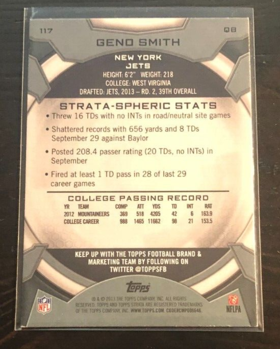 2013 Topps Strata GENO SMITH Rookie Card RC #117 Jets | eBay