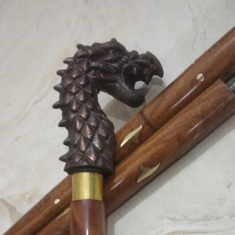 Elegant Handcrafted Antique Dragon Head Handle Walkin… - Gem
