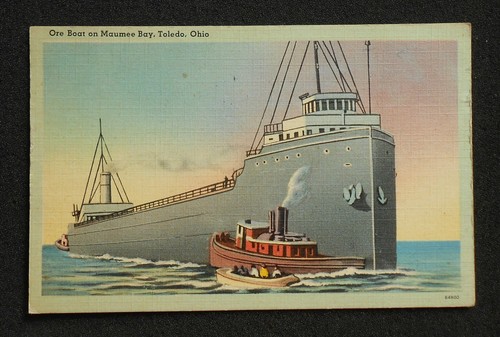 1943 Ore Boat on Maumee Bay Freighter Ship Tug Tugboat Toledo OH Lucas ...