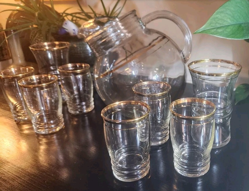 Vtg ANCHOR HOCKING 2qt Tilt Ball Beverage Pitcher + 6-4oz Juice + 2-8oz ...