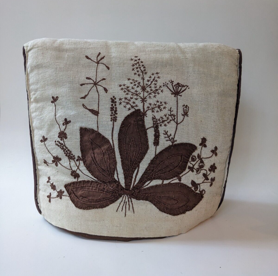 Vintage Tea Cozy Embroidered Hand Stitched Wild Flowers Design Brown ...