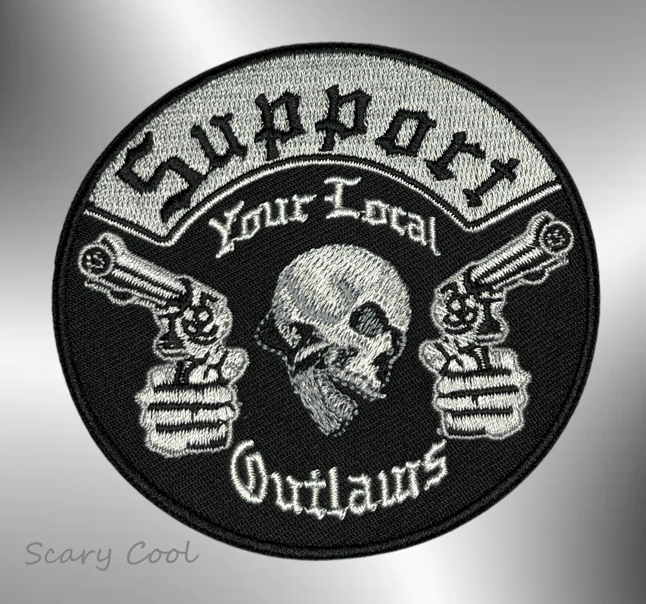 New Support Your Local Outlaws Skull Guns Embroidered Biker Iron On ...