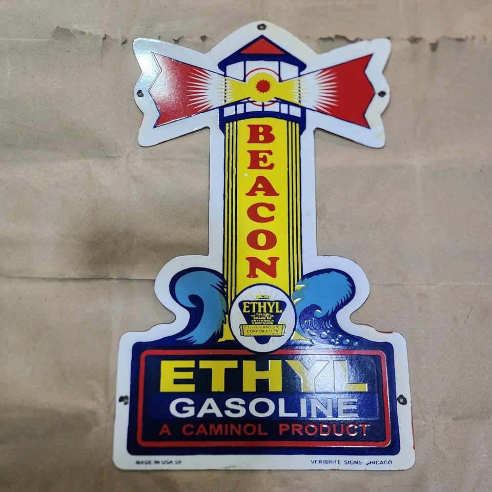 BEACON ETHYL GASOLINE PORCELAIN ENAMEL SIGN 18 X 30 INCHES | eBay