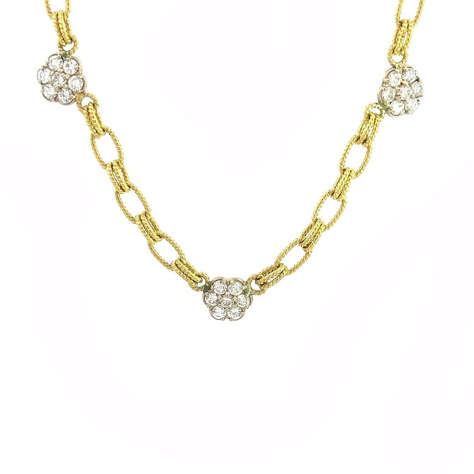 Diamond Gold Necklace Floral Motifs 18k Two Tone Wire Oval Link ...