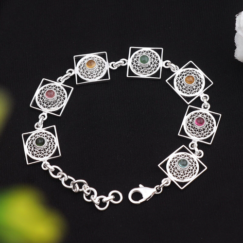 Natural Multicolor Tourmaline Sterling Silver Tarakashi Bracelet ...