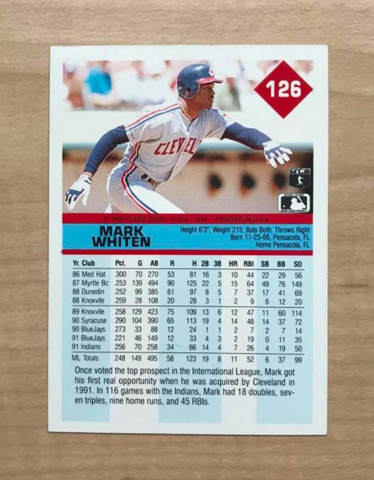 MARK WHITEN CLEVELAND INDIANS SIGNED AUTOGRAPHED 1992 FLEER CARD #126 W ...