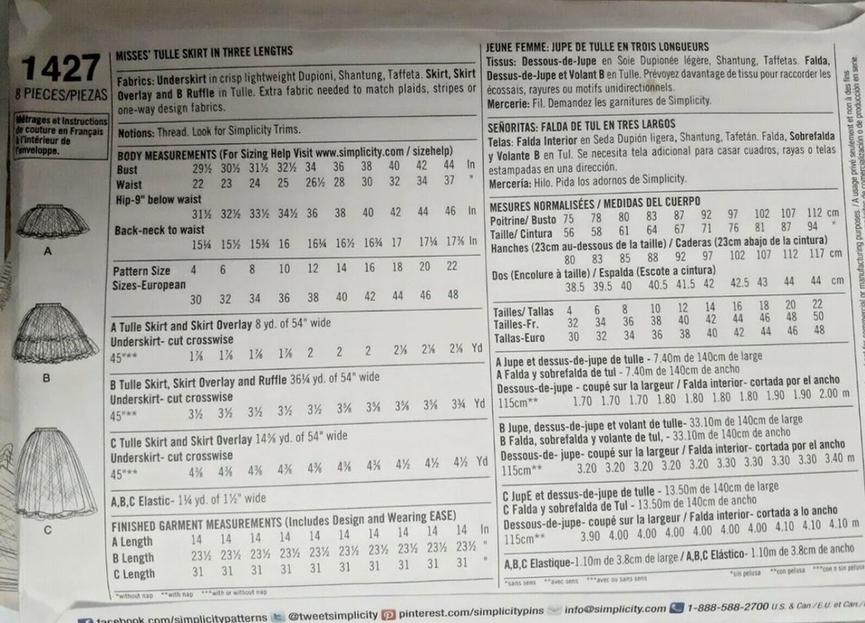 NEW SIMPLICITY SEWING PATTERN 1427 MISSES TULLE SKIRT 3 LENGTHS Sz. 4 ...