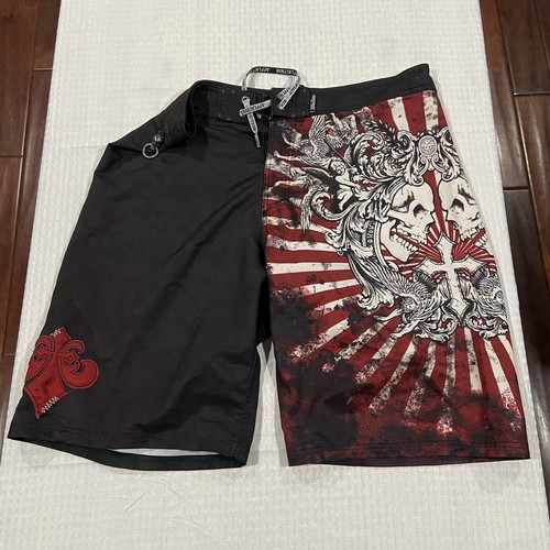 Affliction Board Shorts Mens 38 Black Red Skull Cross Swim Trunks ...