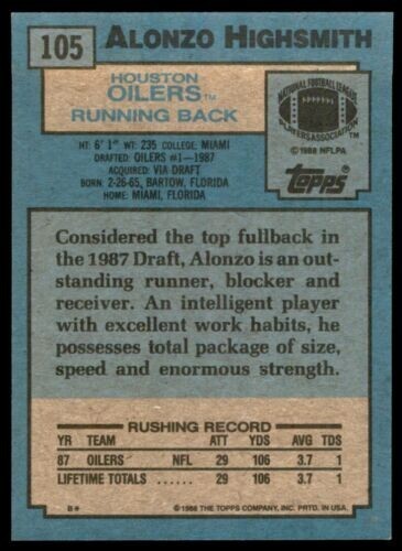 1988 Topps Alonzo Highsmith Rookie Houston Oilers #105 | eBay
