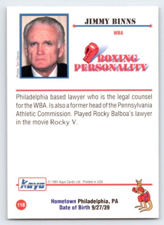 JIMMY BINNS WBA BOXING PERSONALITY Kayo Boxing Trading Card 1991 M171 ...