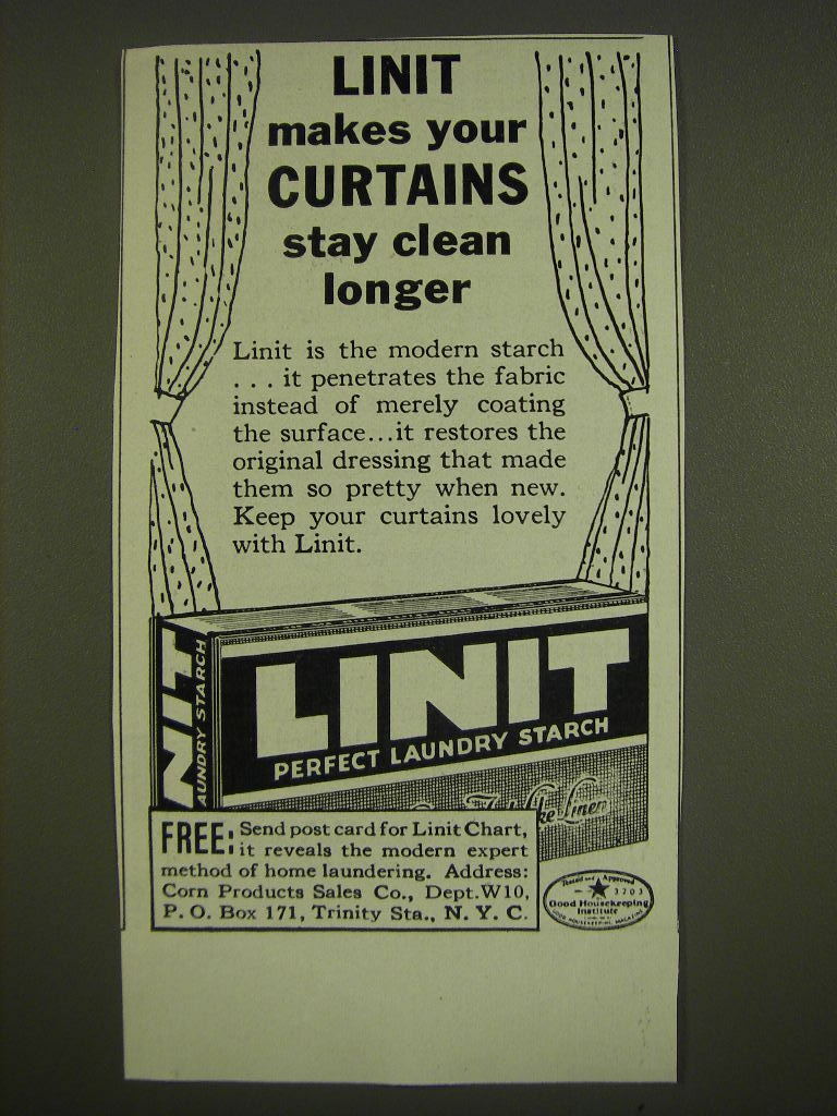 1939 Linit Laundry Starch Ad - Linit makes your curtains stay clean ...