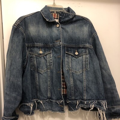 Zara TRF Collection Denim Jacket Wool Blend Plaid Lining Frayed Womens ...