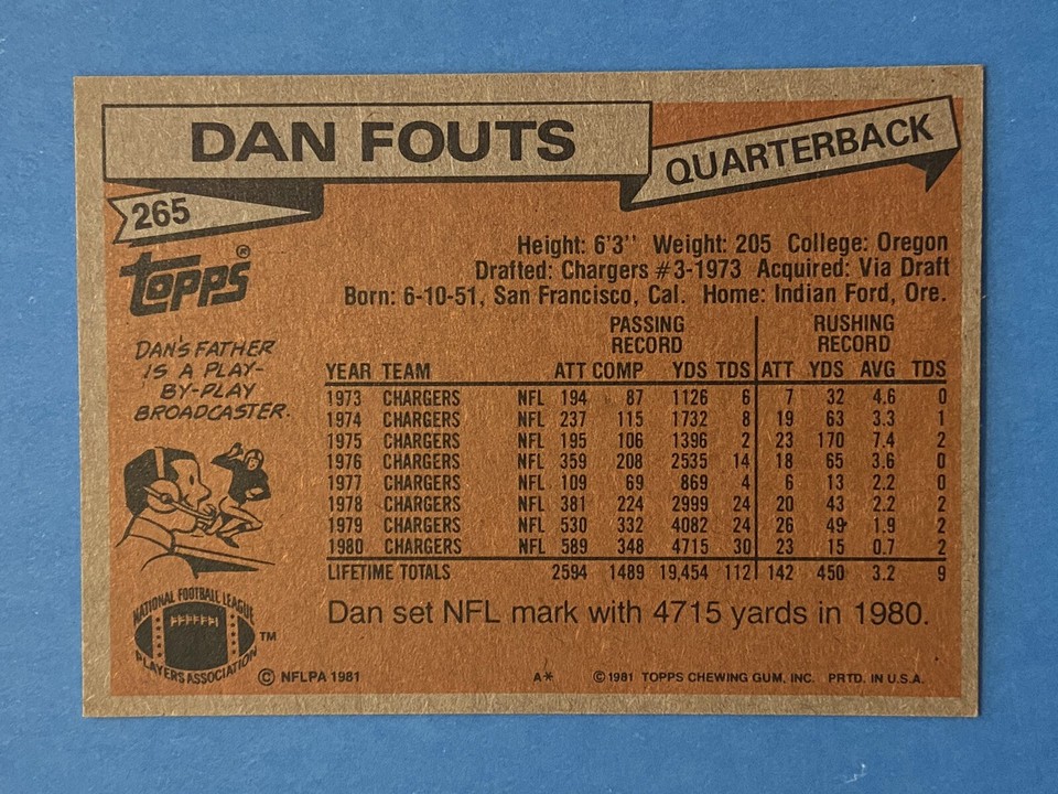 DAN FOUTS Signed HOF 1981 Topps #265 SD Chargers Oregon Ducks Autograph ...