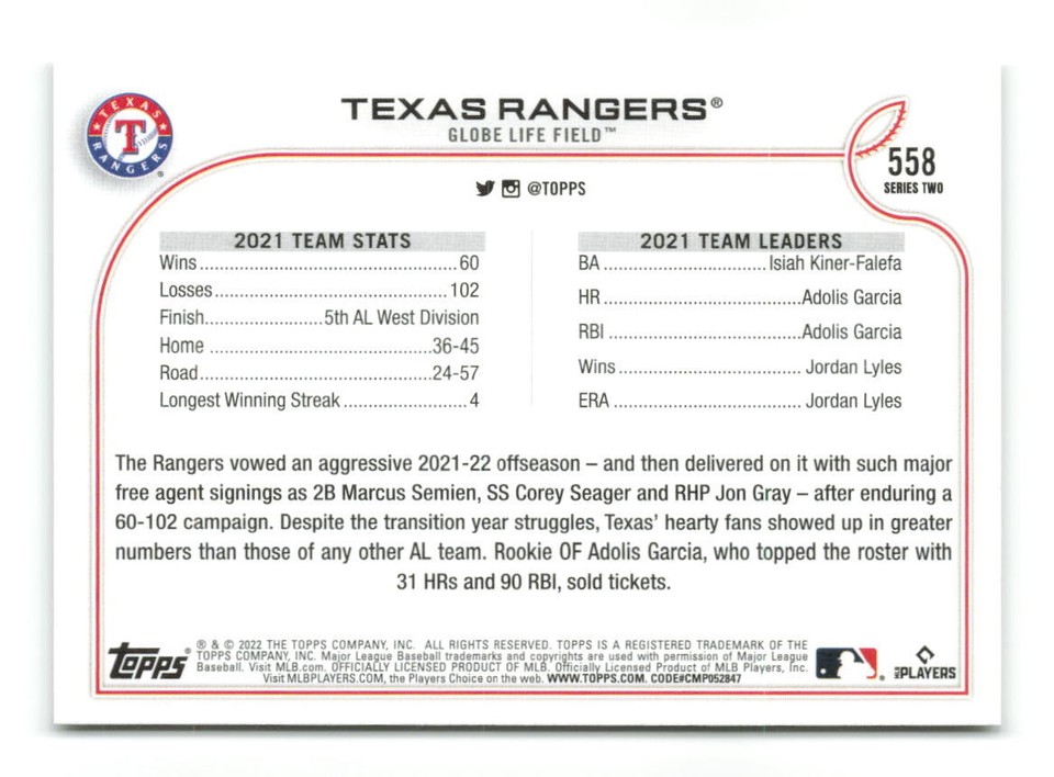 2022 Topps Texas Rangers TC #558 Texas Rangers Baseball Card | eBay