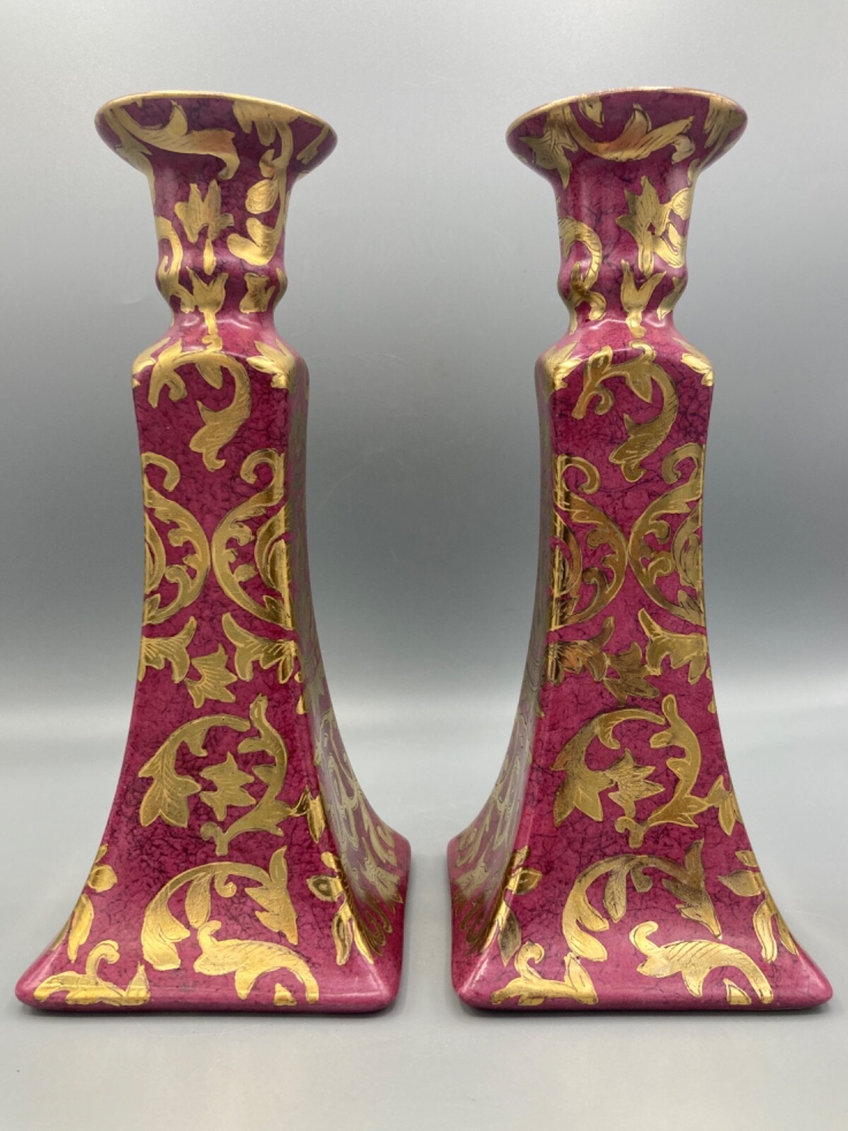 PAIR Striking VTG Chinese Hand Painted Red & Gold Gilded Porcelain ...