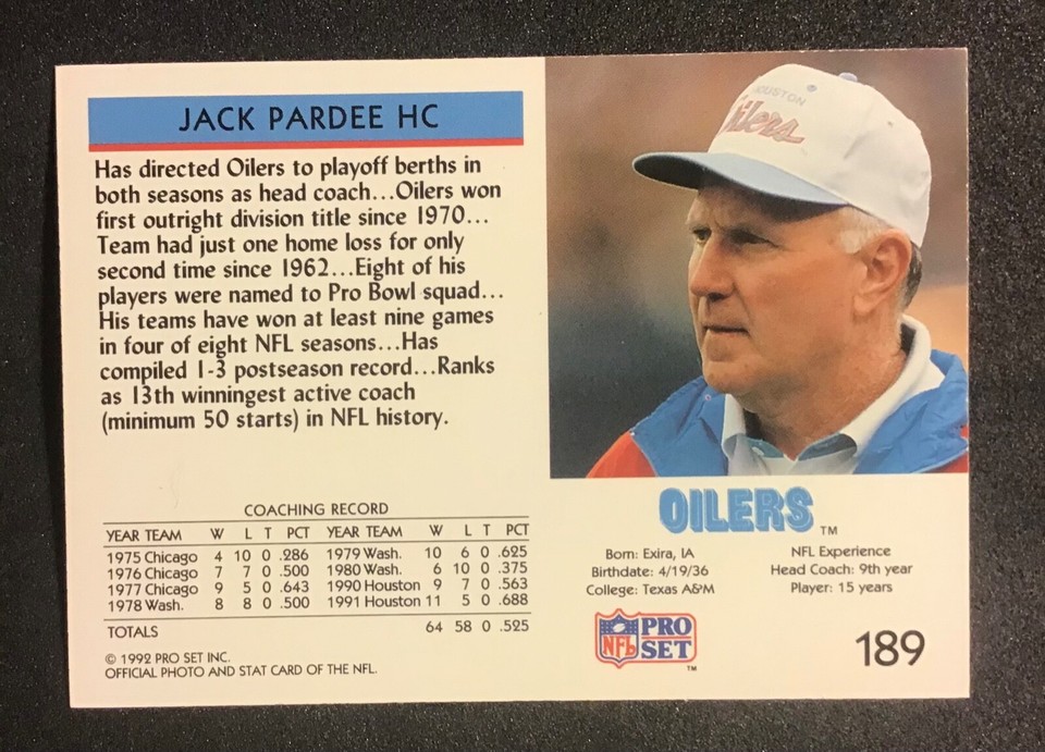 Houston Oilers JACK PARDEE autographed signed auto 1992 Pro Set card ...