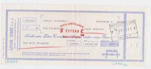 CHEQUE, CHECK ITALY BANCA ALTO MILANESE LIVER GIBBS 1964, OLD VINTAGE ...
