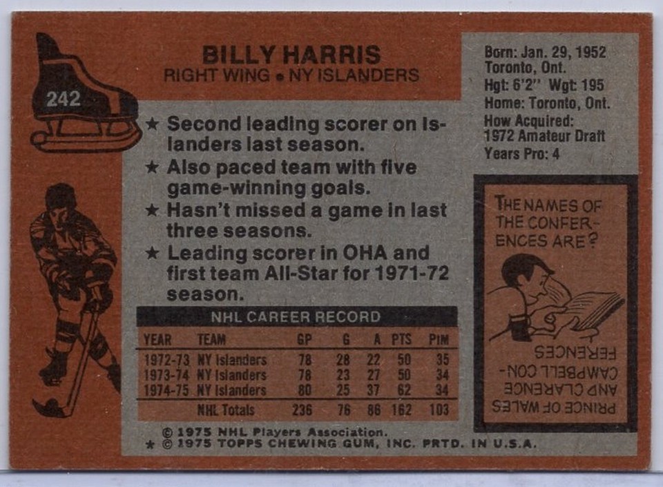 1975-76 Topps #242 Billy Harris in EX Condition Islanders | eBay
