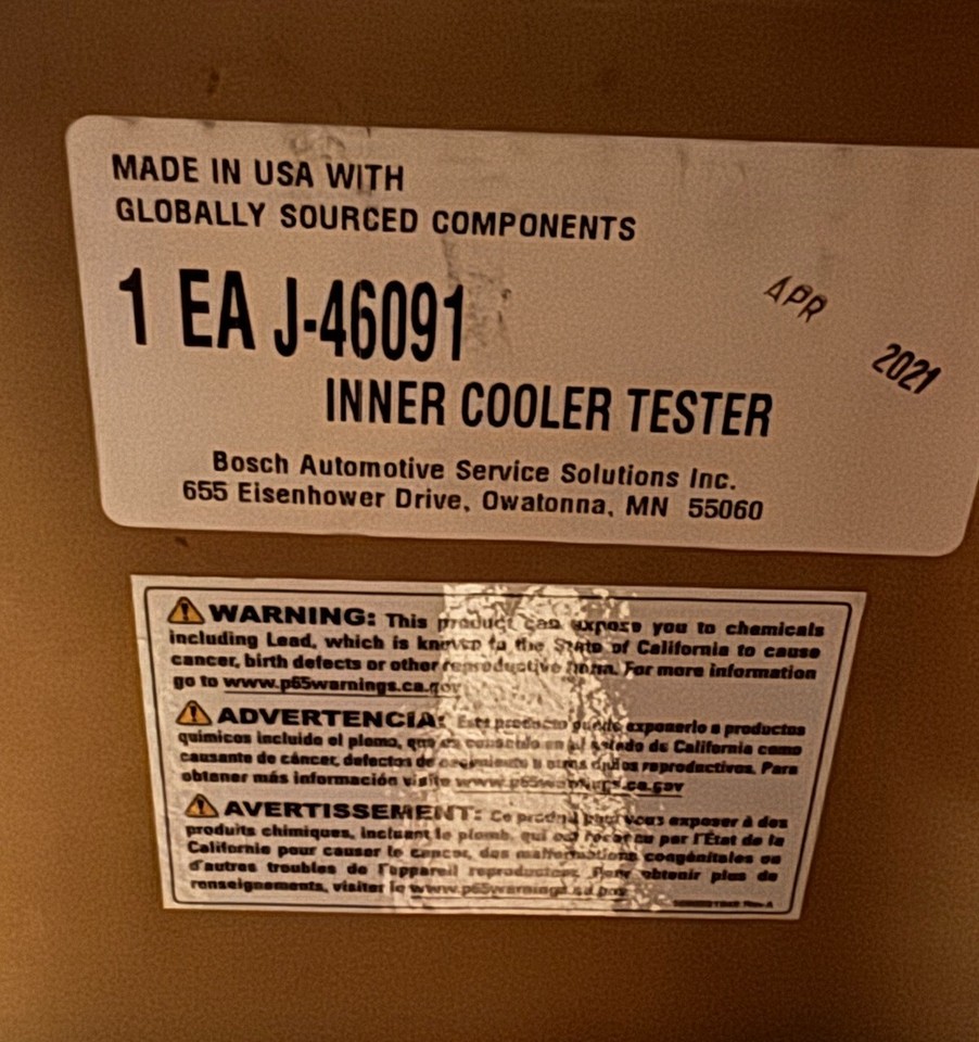 J-46091 Inner Cooler Tester with J-46091-5 Charge Air Cooler Test ...