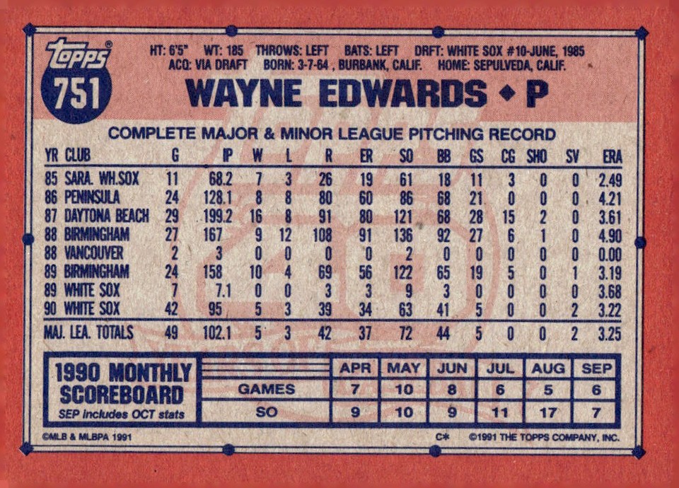 1991 Topps #751 Wayne Edwards - Chicago White Sox | eBay